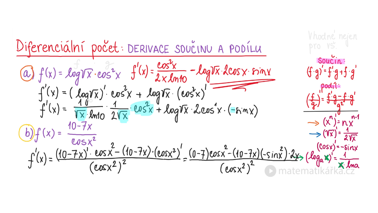 Derivace funkce - násobení, dělení | Doučování z matiky VŠ | Stream